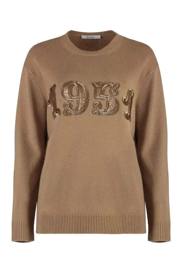 Max Mara Wool And Cashmere Sweater With Sequined Numbers - Camel