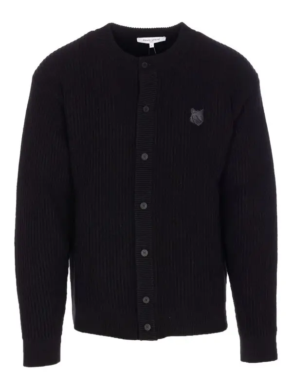 Maison Kitsuné Ribbed Wool Cardigan With Bold Fox Emblem - Black