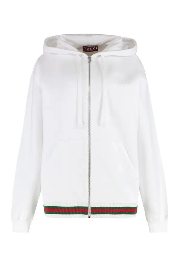 Gucci Web Detail Cotton Hooded Zip-up - White