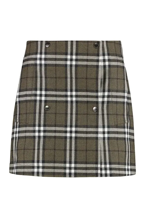 Burberry Checked Wool Mini Skirt - Green