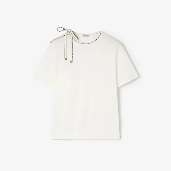 Burberry Tie-detail Cotton Top With Iconic Check Trim - Bianco