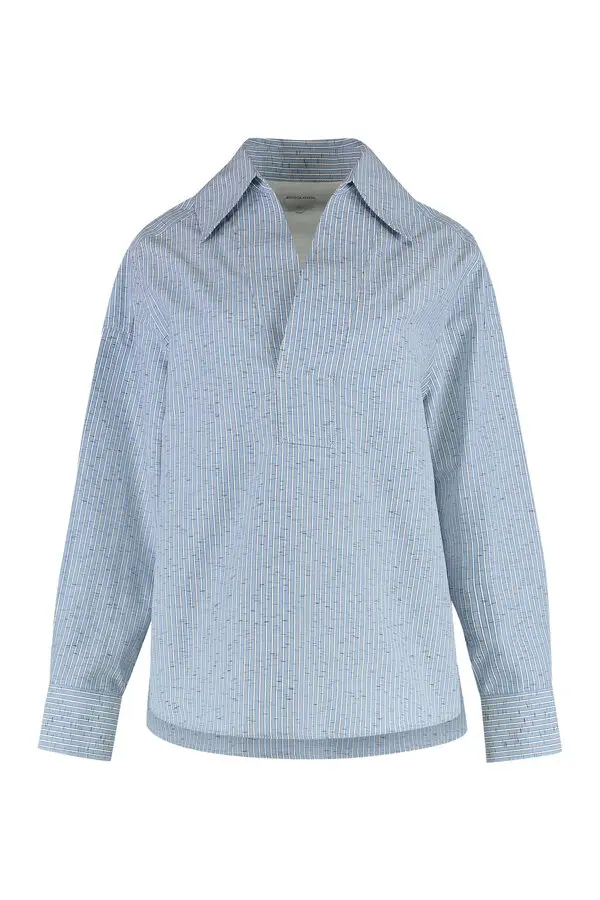 Bottega Veneta Striped Cotton And Linen Blouse With Rounded Hem - Light Blue