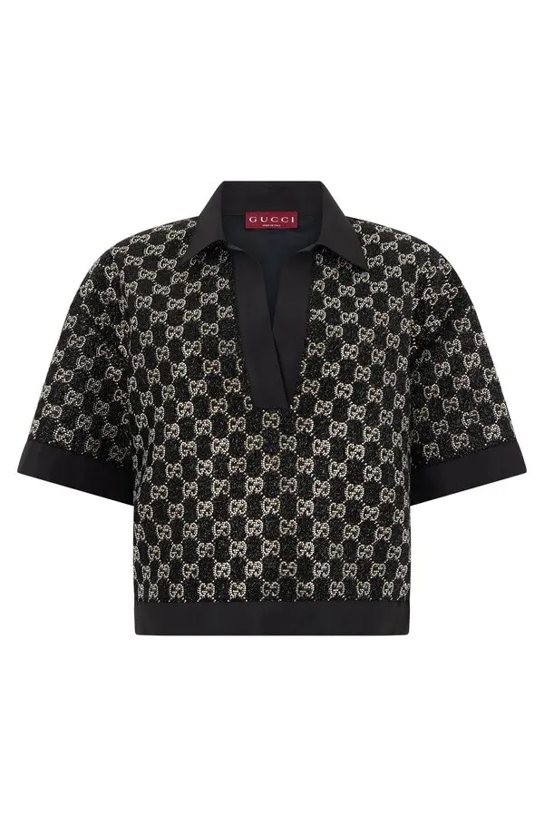 Gucci Tweed Lamé Top With Rhinestones And Classic Collar - Black