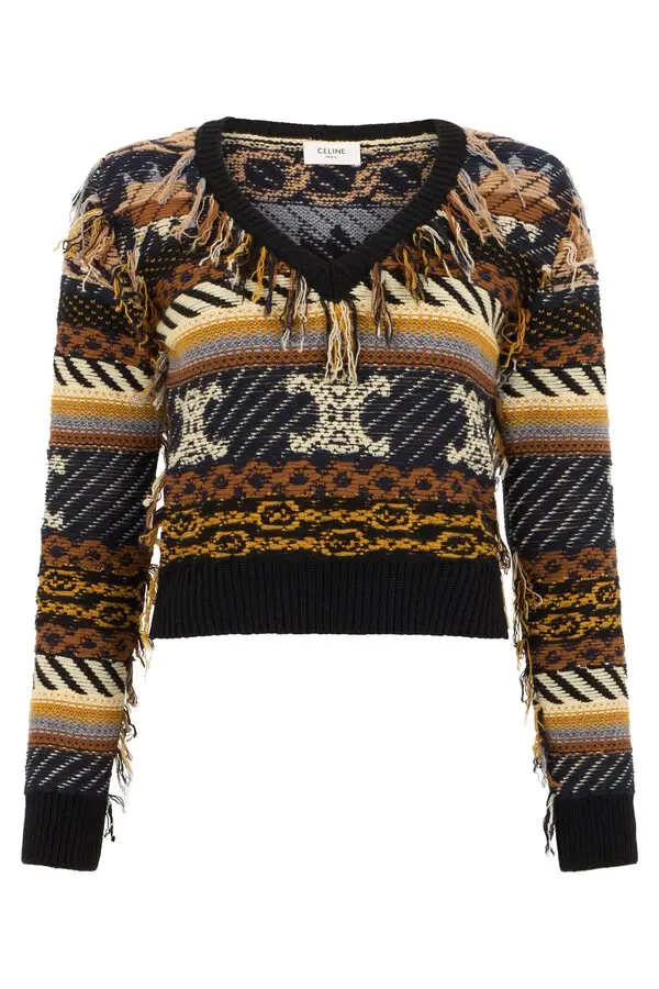 Celine V-neck Sweater In Jacquard Cashmere - Multicolor