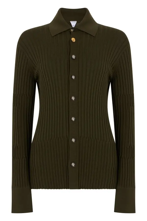 Bottega Veneta Silk And Cashmere Ribbed Top Slim Fit, Long Sleeve - Khaki