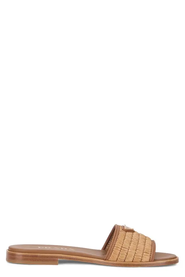 Prada Raffia And Calfskin Slide Sandals - Beige