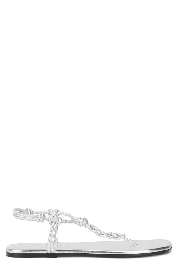 JIL SANDER Metallic Leather Knot Detail Flat Sandals - Silver