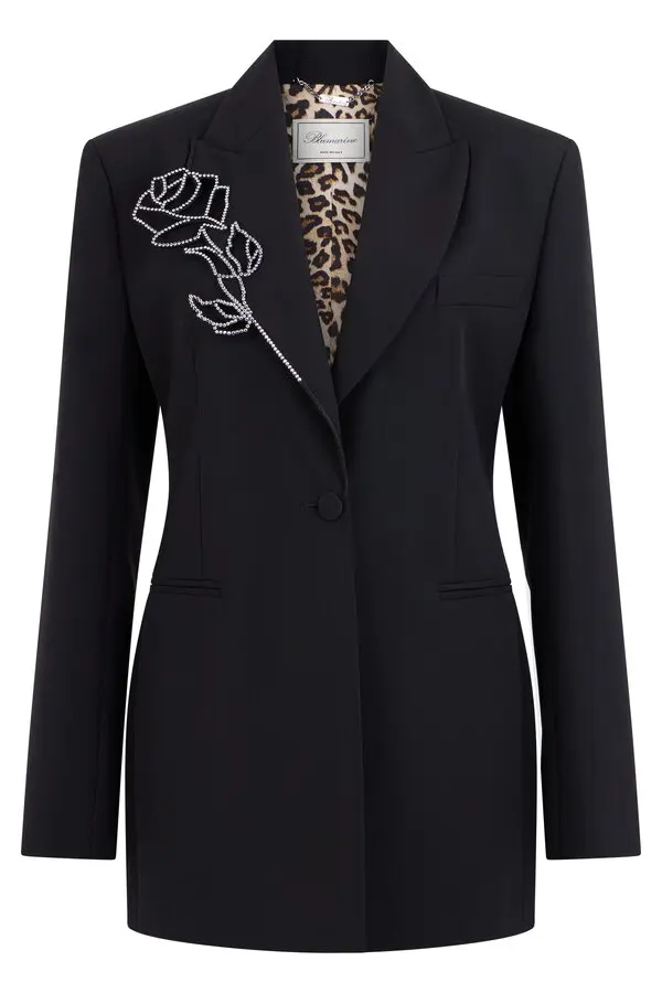 Blumarine Single-breasted Wool Blazer With Rhinestone Rose Embroidery