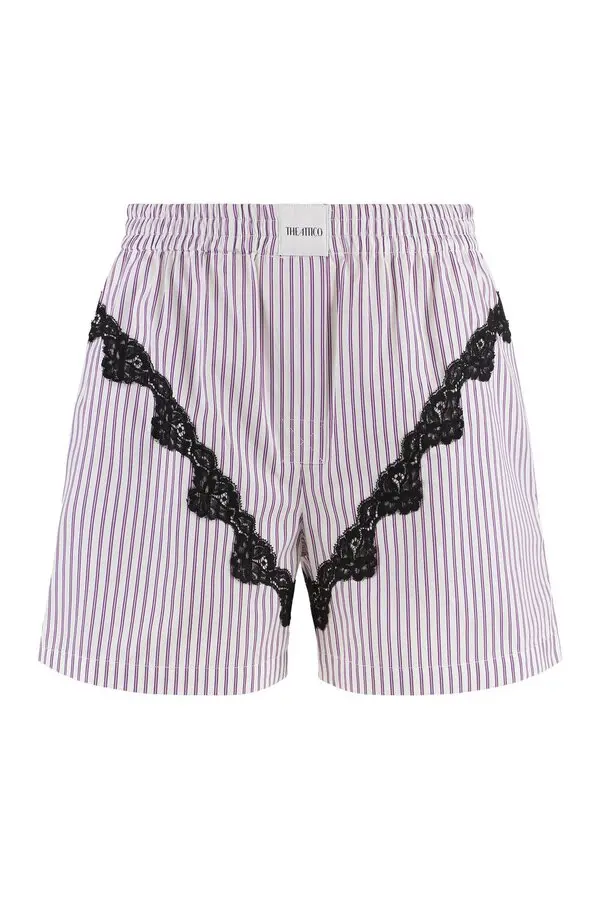 Attico Cotton Mini Shorts With Contrast Lace Inserts - Prune