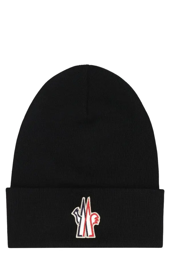 Moncler Wool Beanie With Embroidered Logo - Black