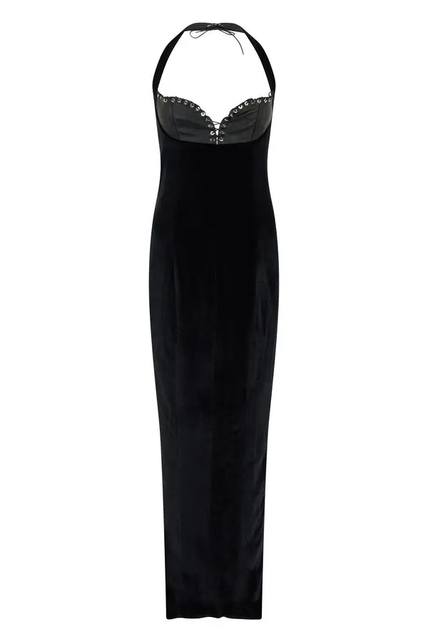 LUDOVIC DE SAINT SERNIN Halterneck Velvet Maxi Dress With Lace-up Bustier - Black