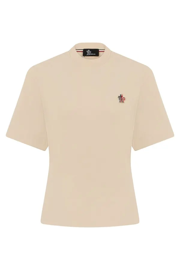 Moncler Logo Embroidered Cotton T-shirt - Beige