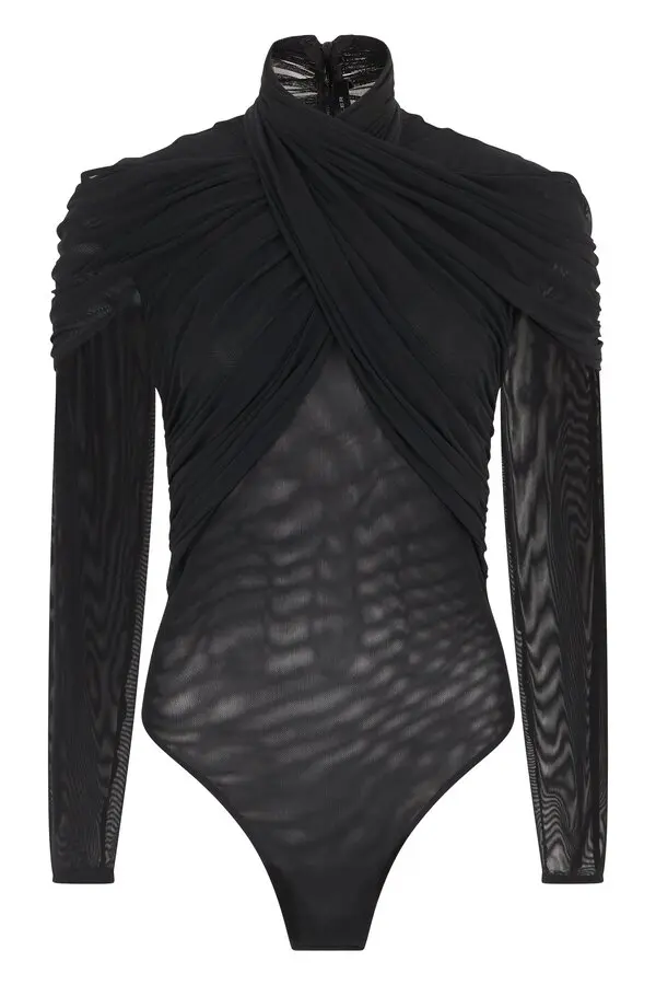 MUGLER High Neck Long Sleeve Mesh Bodysuit