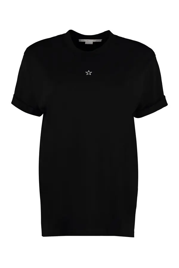Stella McCartney Embroidered Star Detail Cuffed Sleeve Cotton T-shirt - Black