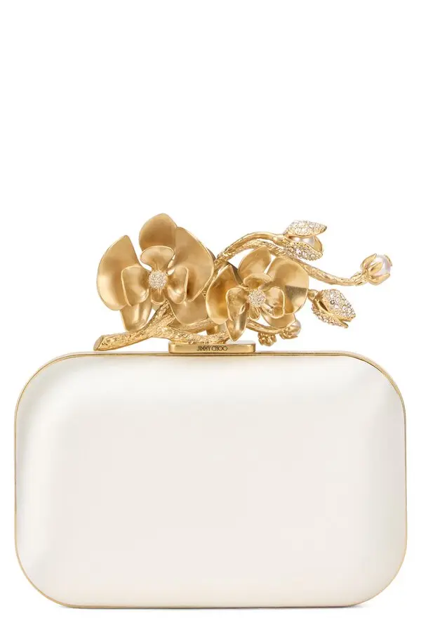 JIMMY CHOO Mini Clutch Cloud In Satin With Golden Floral Detail - Ivory