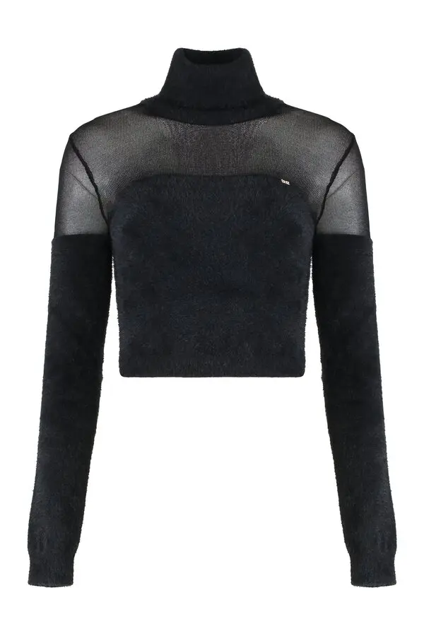 Elisabetta Franchi Cropped Turtleneck Sweater With Logo Detail - Black