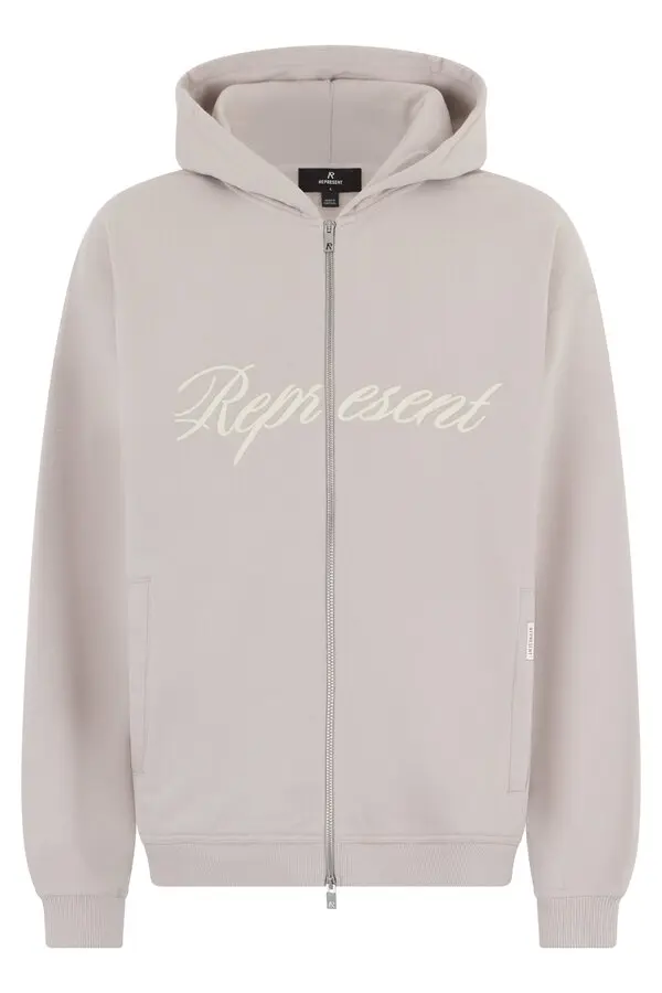 REPRESENT Hooded Script Logo Zip Sweatshirt - Grey