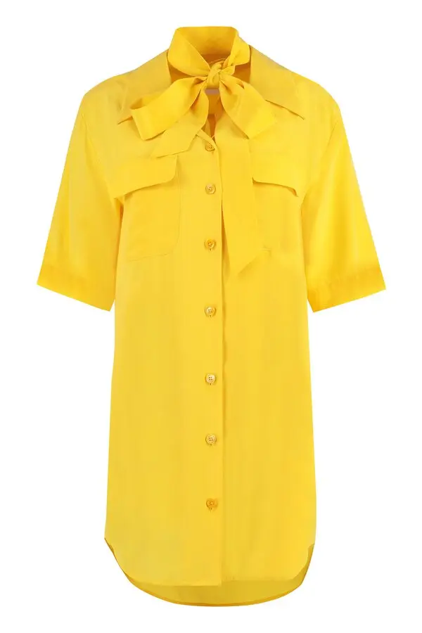 Equipment Short Sleeve Silk Shirt Dress With Belt - Yellow