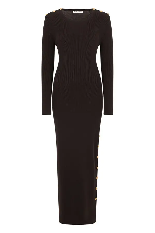 BLAZÉ MILANO Maxi Length Ribbed Dress With Button Detail - Brown