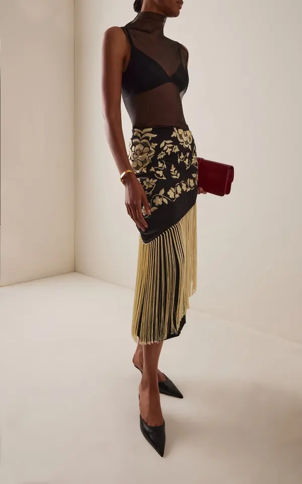 KALLMEYER Emilee Emroidered Pique Fringed Maxi Skirt