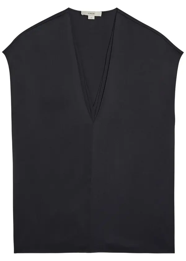 Vince Double-layered V-neck Silk-blend Top With Dolman Cap Sleeves - Navy