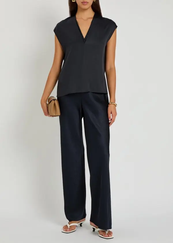Vince Double-layered V-neck Silk-blend Top With Dolman Cap Sleeves - Navy