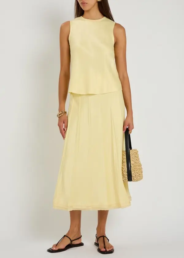 Vince Pleated Satin Midi Skirt