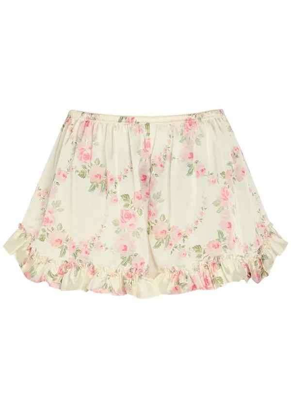 Simone Rocha Floral-print Ruffled Stretch-satin Shorts - Cream