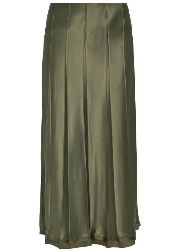 Vince Pleated Satin Midi Skirt - Khaki