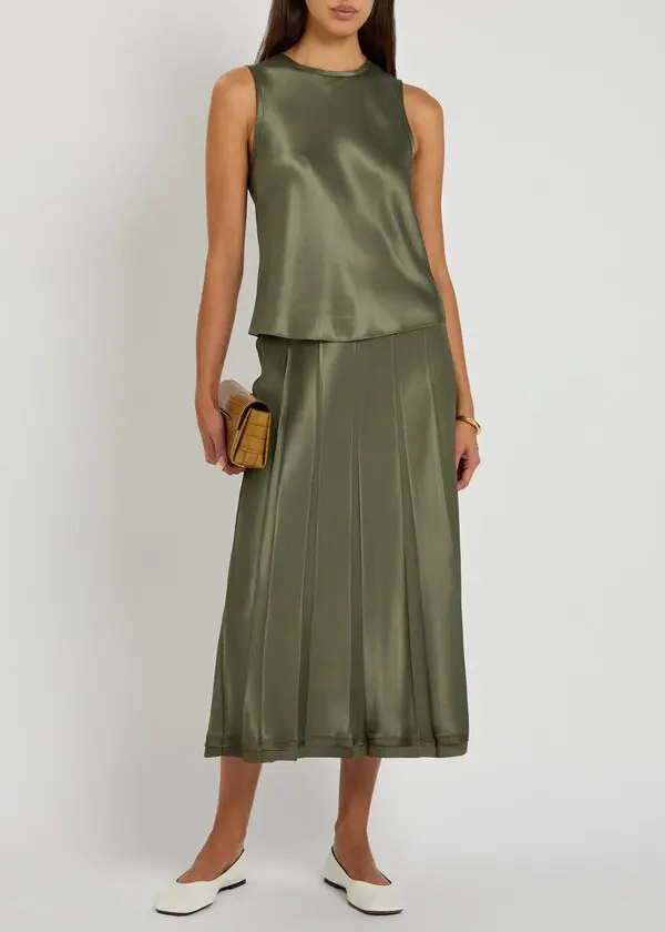 Vince Pleated Satin Midi Skirt