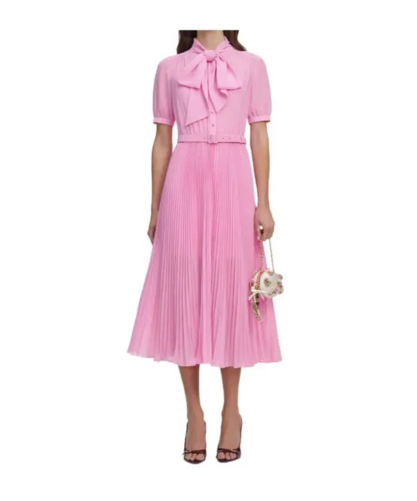 SELF-PORTRAIT Georgette Tie Neck Midi Dress - Pink