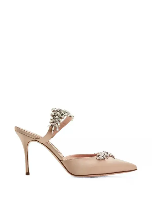 Manolo Blahnik Lurum Crystal-embellished Satin Mules - Neutrals