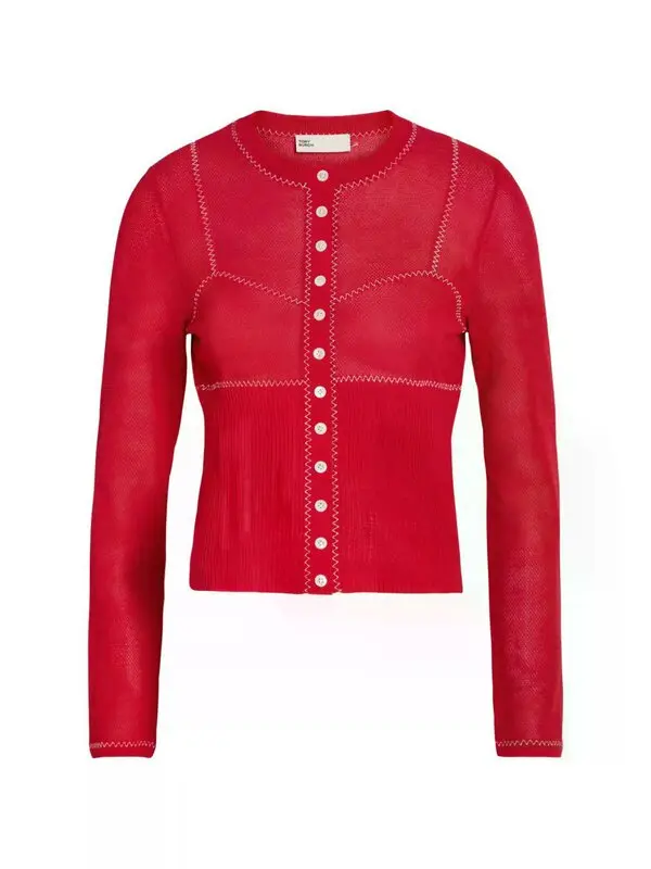 Tory Burch Fine Knit Cardigan With Contrast Stitching