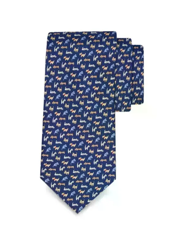 FERRAGAMO Silk Neck Tie With Dog Print - Blue