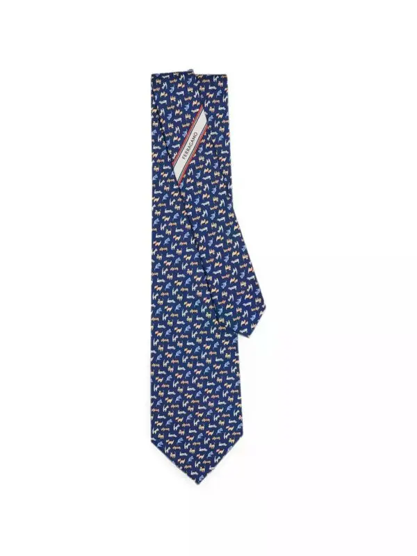 FERRAGAMO Silk Neck Tie With Dog Print