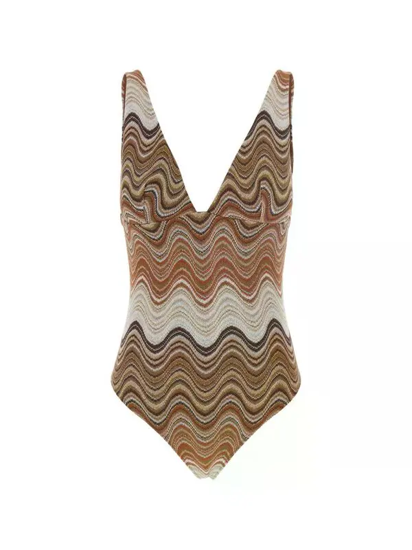 MC2 SAINT BARTH Zigzag-knit Plunge-neck Swimsuit - Brown