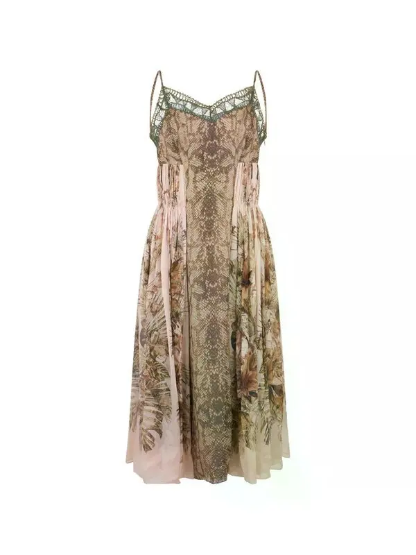 Alberta Ferretti Lace-trimmed Snake Print Midi Dress