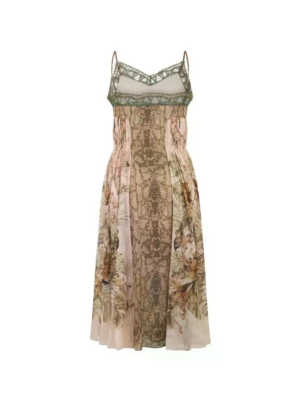Alberta Ferretti Lace-trimmed Snake Print Midi Dress