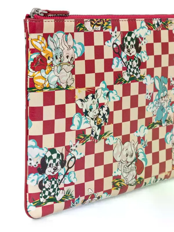 Kenzo Cartoon Check-pattern Animal-print Pouch