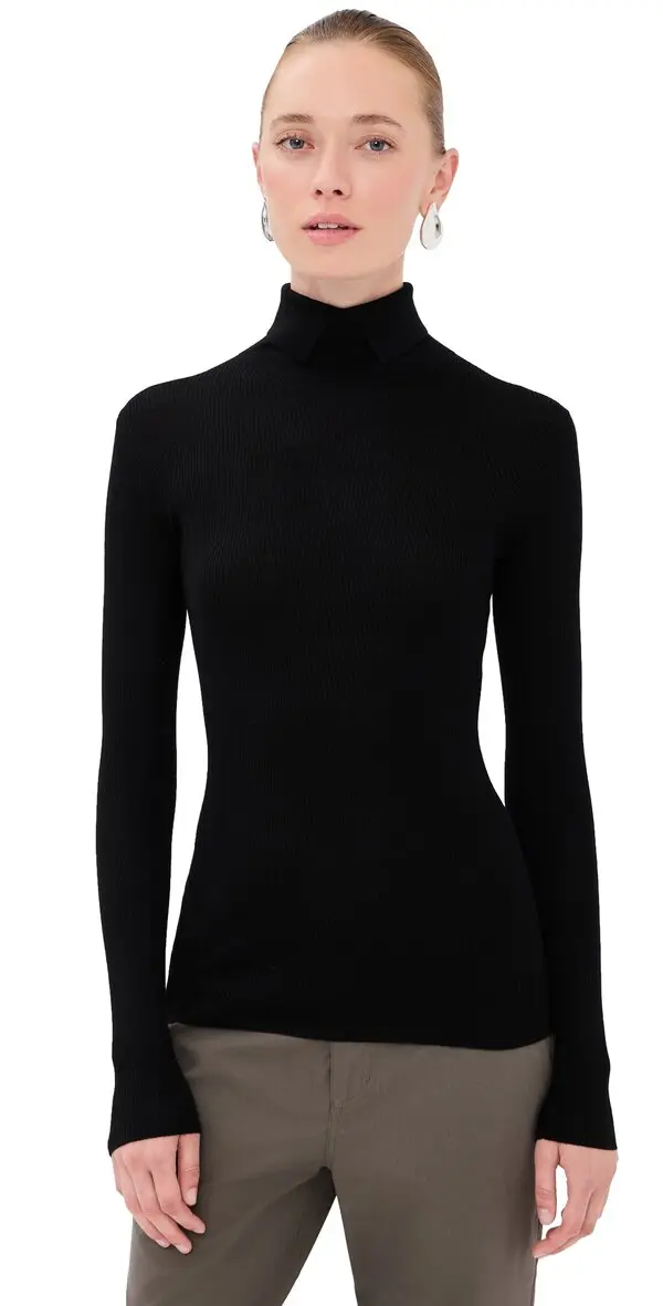 Tibi Featherweight Ribbed Split Neck Turtleneck Sweater - Black