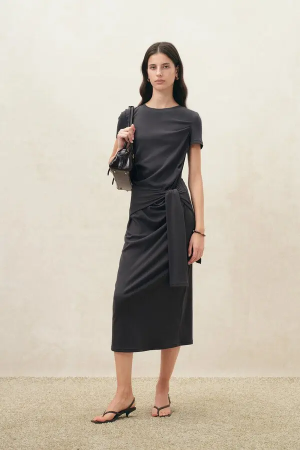 Fabrique Isla Ruched Tie Front T-shirt Dress - Grey