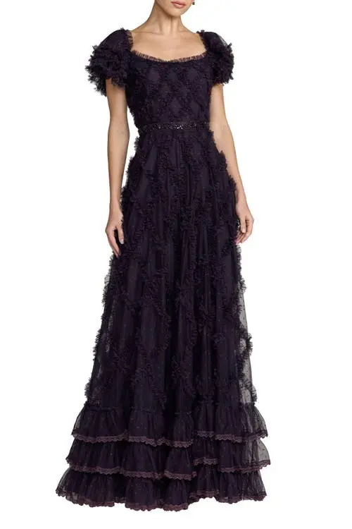 Mac Duggal Ruffled Tiered Mesh Gown - Midnight