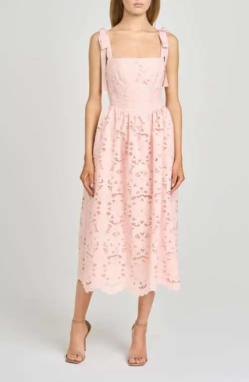 WAYF Kassi Floral Embroidered Tie Shoulder Cotton Midi Dress - Blush