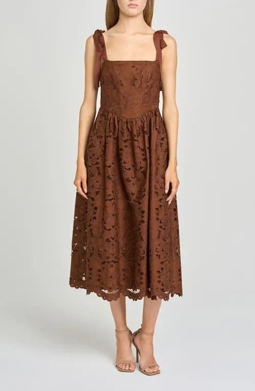 WAYF Kassi Embroidered Midi Dress With Tie Shoulders - Chocolate