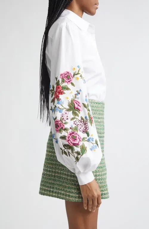 Carolina Herrera Embroidered Bishop Sleeve Cotton Shirt