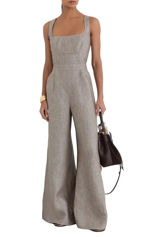 REISS Flora Wide Leg Linen Romper - Neutral