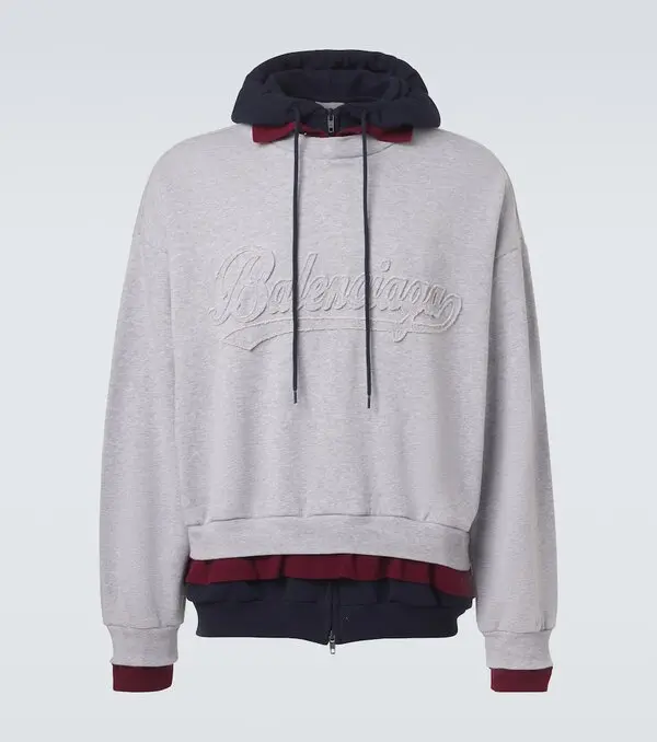 Balenciaga Logo Layered Cotton Jersey Hoodie - Grey