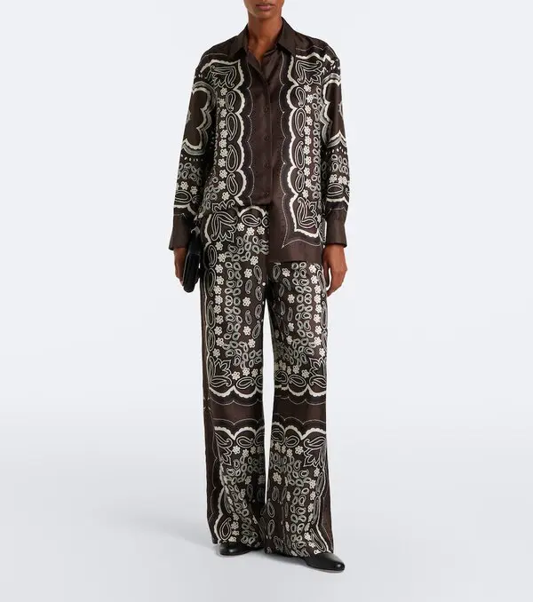 NILI LOTAN Morgan Printed Silk Twill Wide-leg Pants - Brown