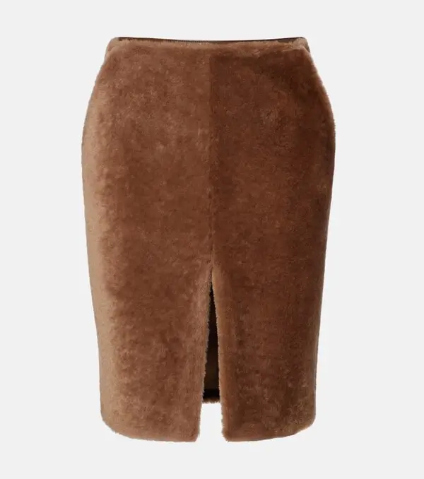 Saint Laurent Shearling Pencil Skirt - Brown