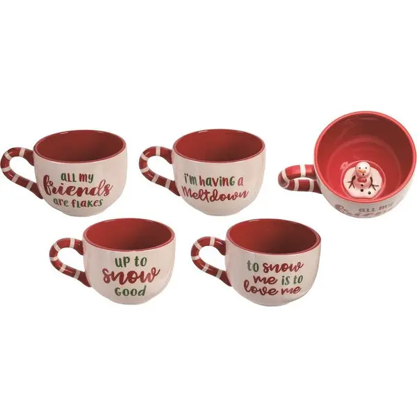 TRANSPAC Dolomite Melting Snowman Inside Mug Set Of 4 For Christmasfestive Drinkware For Holiday Cheer - Red